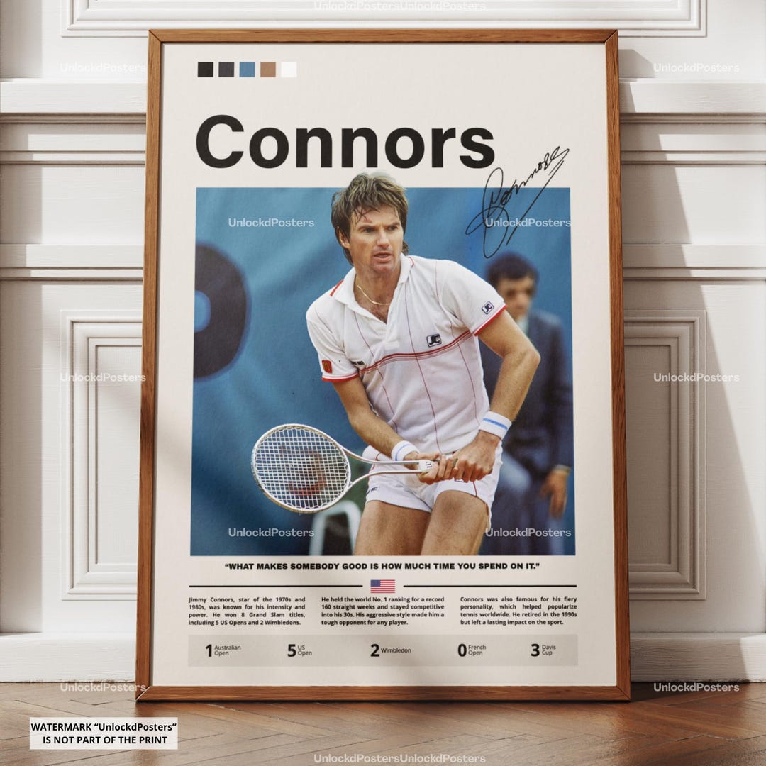 Jimmy Connors Poster, Tennis Legend, Framed Tennis Print, Grand Slam ...