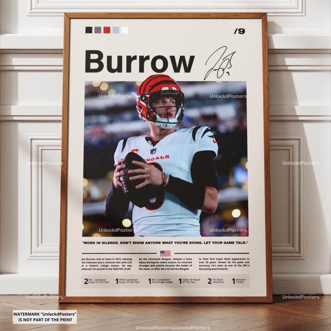 Joe Burrow Poster, Burrow Bengals, Framed NFL Football Print, American ...