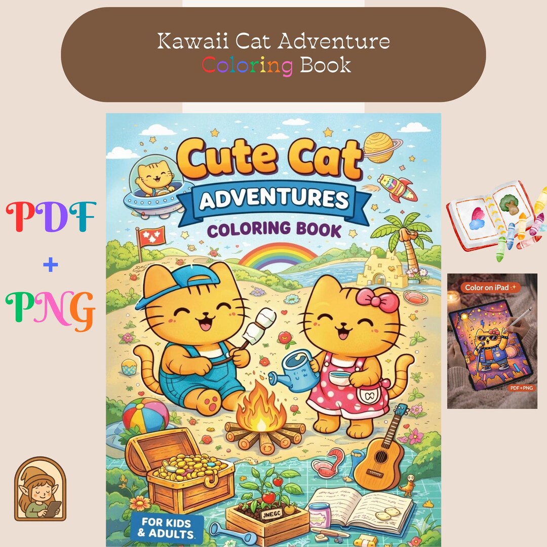 Digital Kawaii Cat Coloring Book | PDF/PNG for Ipad, Procreate Coloring ...