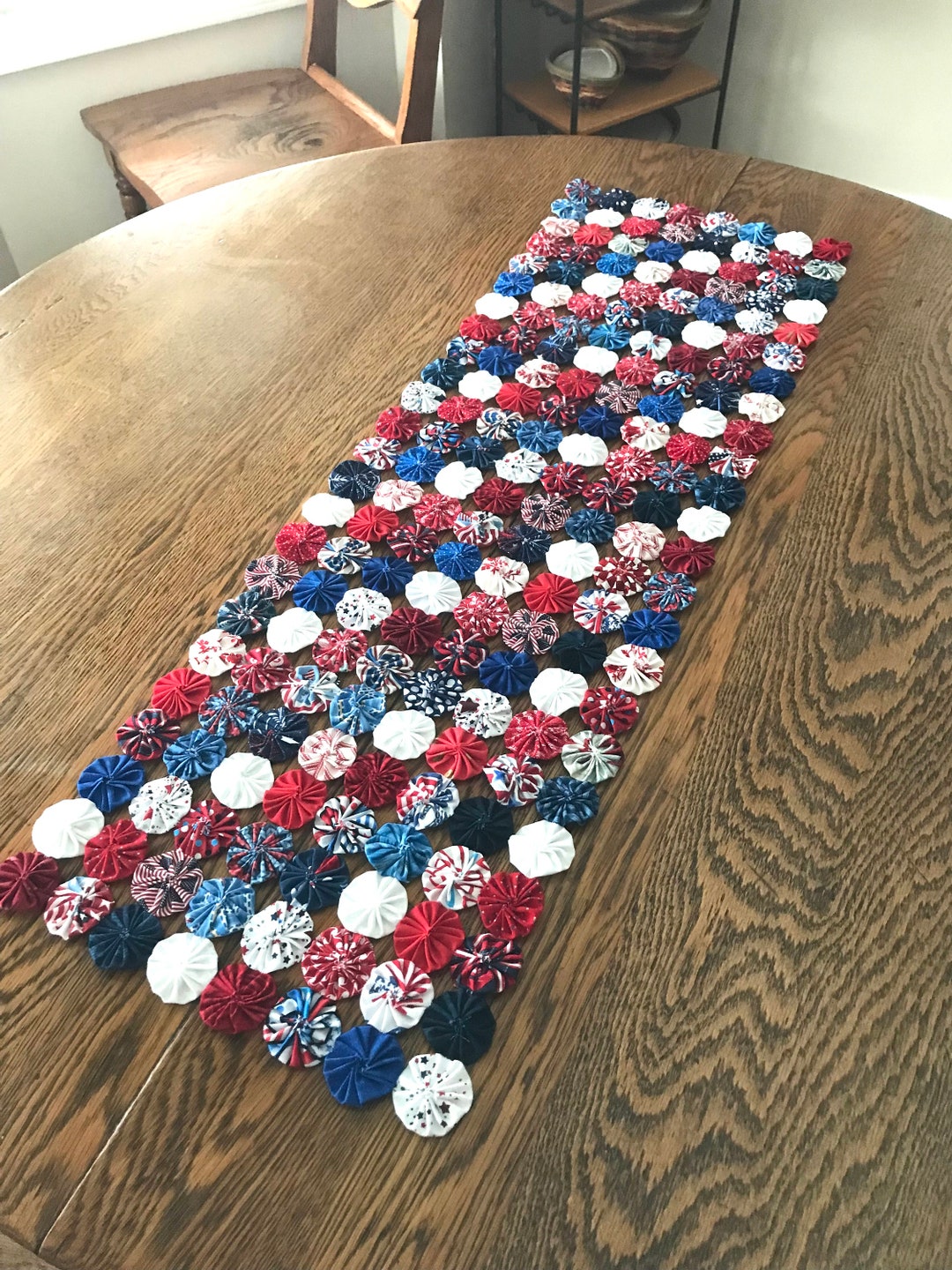 Americana, America, Patriotic, Quilted Yo Yo Runner, Table Top Runner ...