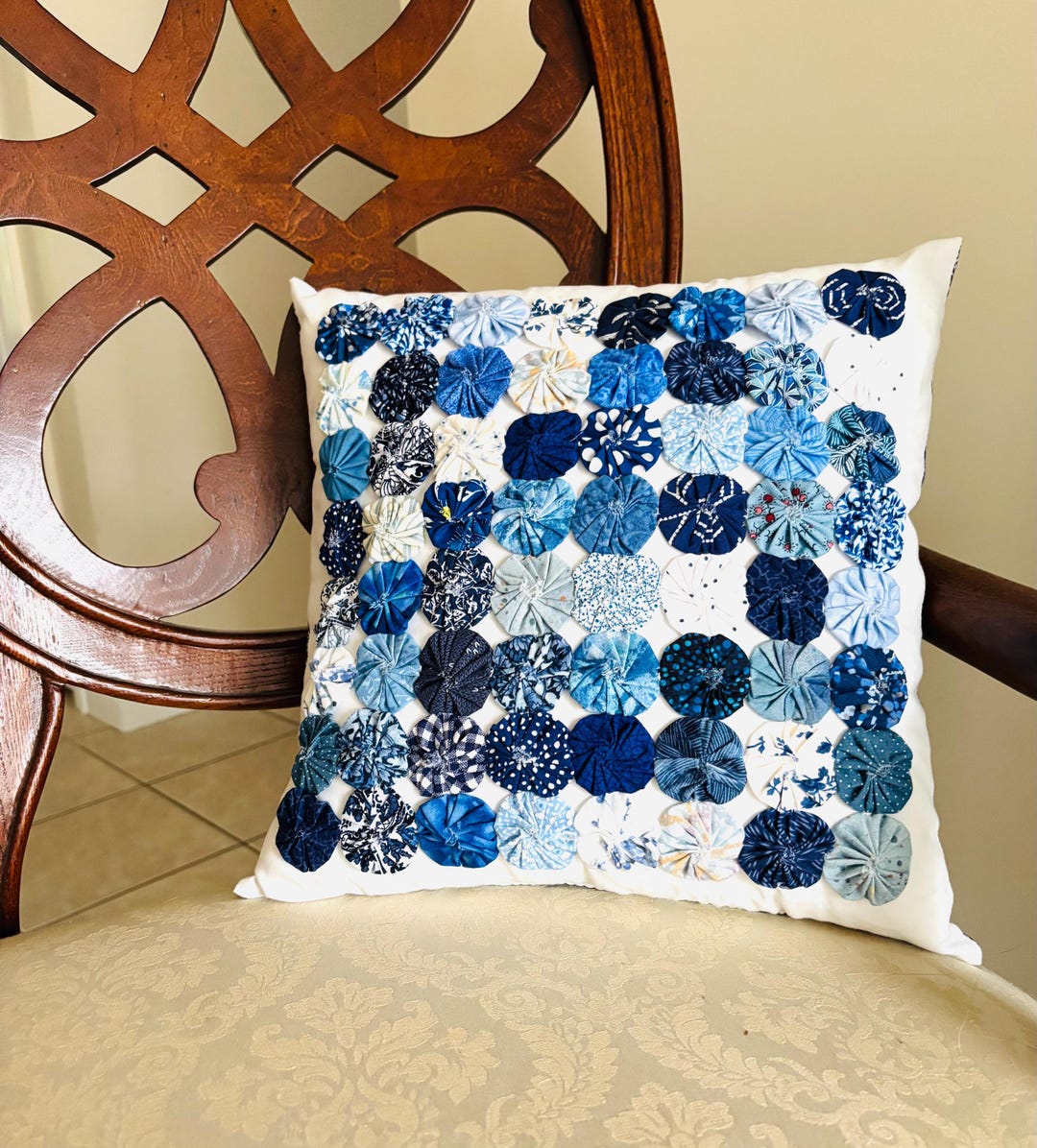 Handmade Blue & White Yo Yo Quilt Pillow: Decorative Accent, 14x14 - Etsy