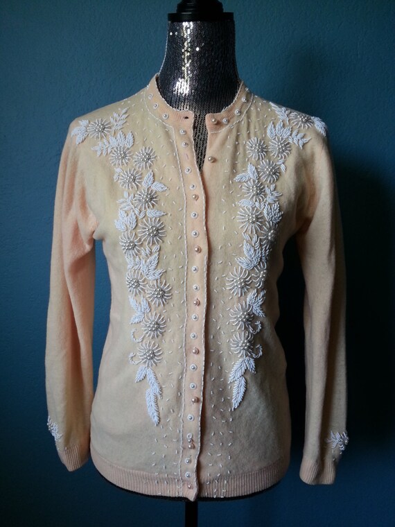 Vintage 1950's Fully Fashioned Beaded Wool Cardigan - Gem