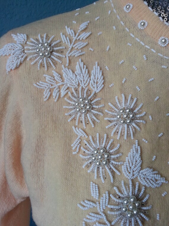 Vintage 1950's Fully Fashioned Beaded Wool Cardigan - Gem
