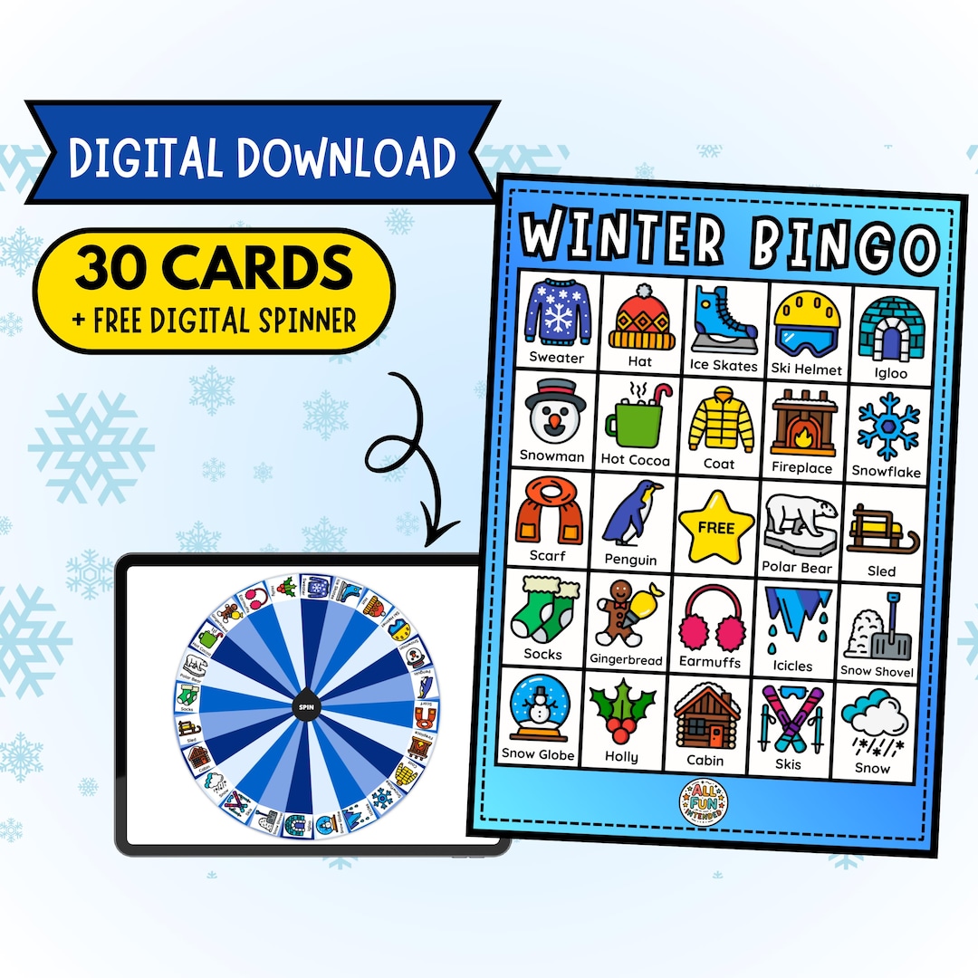 Winter Bingo Game – 30 Printable Cards + Digital Spinner (instant ...