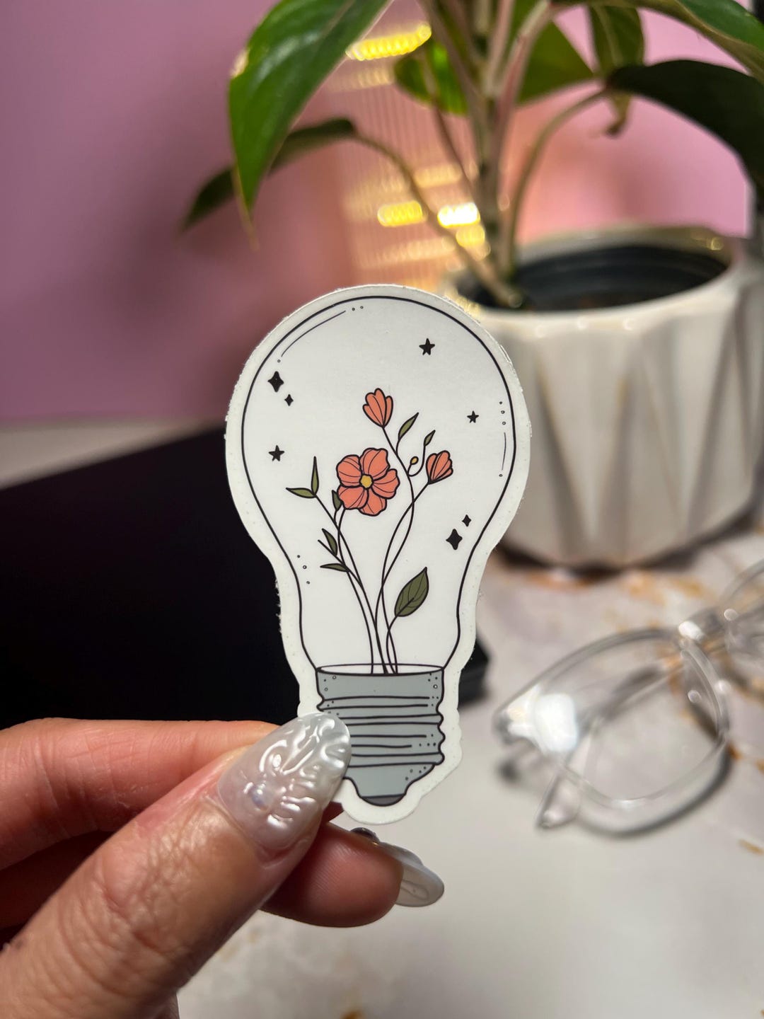 Light Bulb Flower Sticker – Aesthetic Floral Vinyl, Waterproof Sticker ...