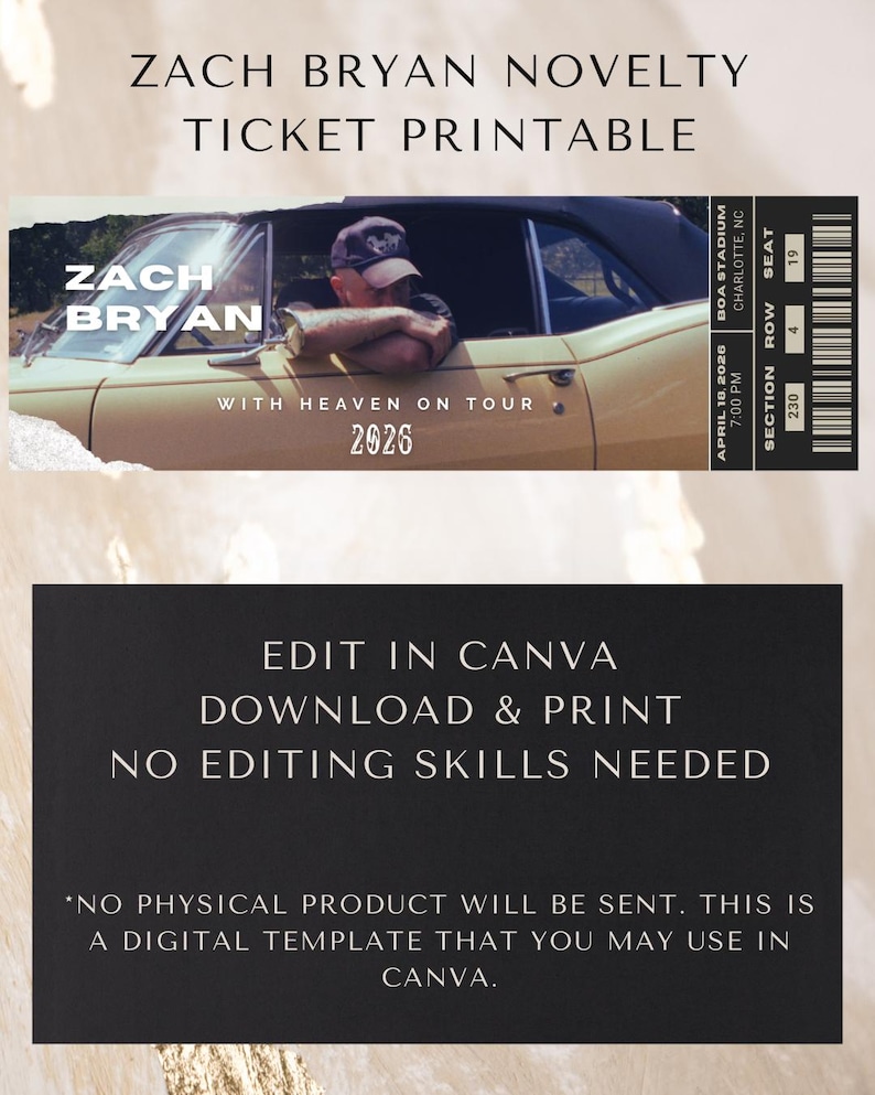 Printable Novelty Ticket, Zach Bryan 2026 With Heaven on Tour Concert ...
