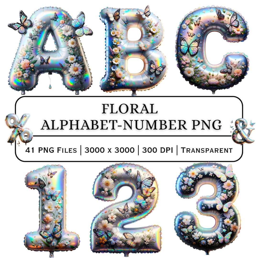 Floral Alphabet Numbers Symbols PNG A–Z 0–9 | Vintage Botanical Flower ...