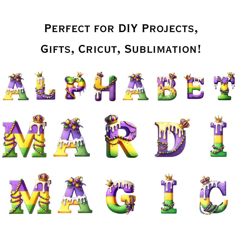 Mardi Gras Alphabet Numbers PNG | Carnival Festive Letters A–Z 0–9 ...