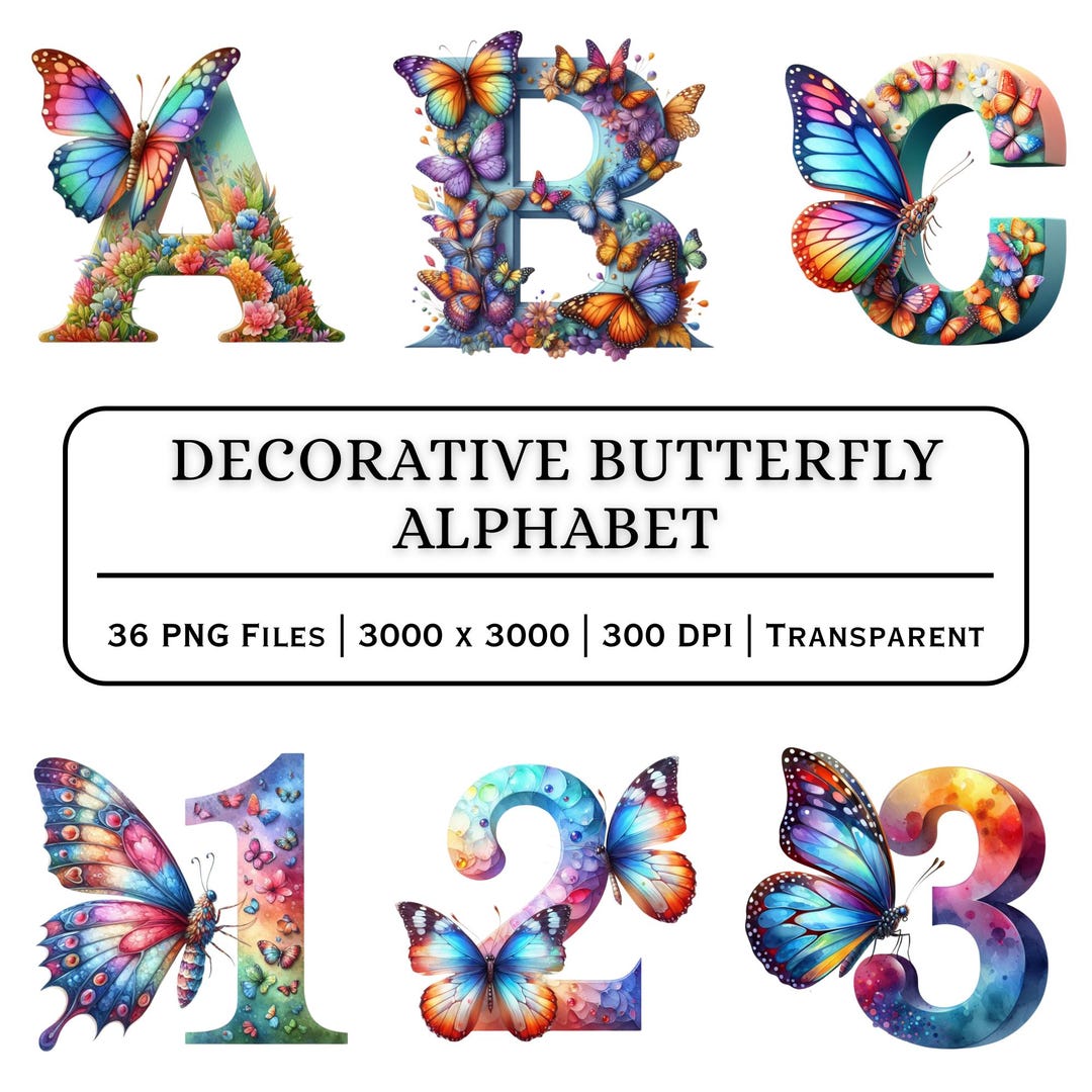Decorative Butterfly Alphabet Numbers PNG A–Z 0–9 | Elegant Spring ...