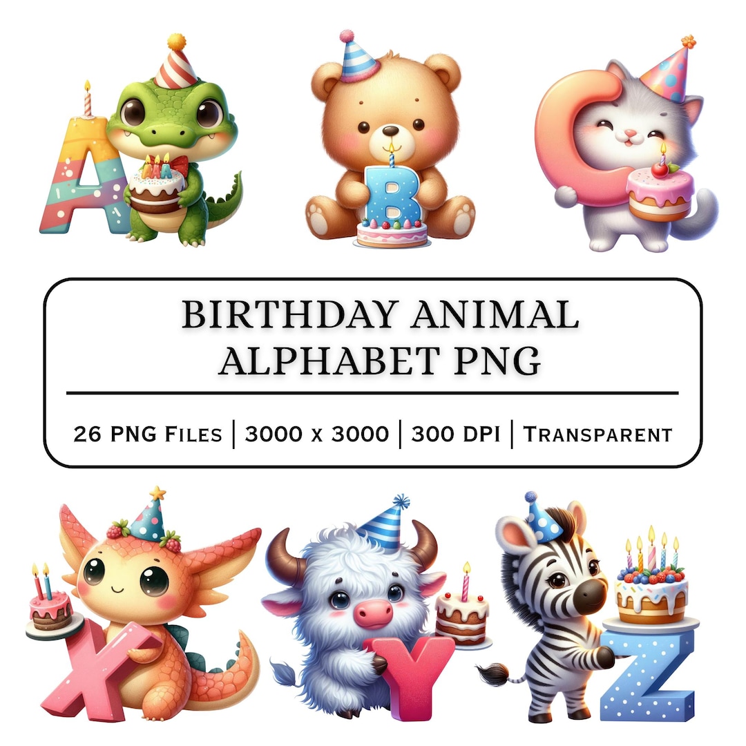 Birthday Animal Alphabet PNG A–Z | Party Theme Letters for Kids Nursery ...