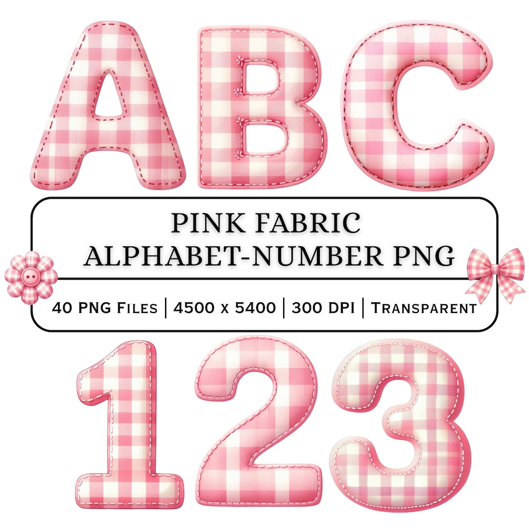 Pink Gingham Stitched Fabric Alphabet Numbers – PNG Digital Download - Etsy