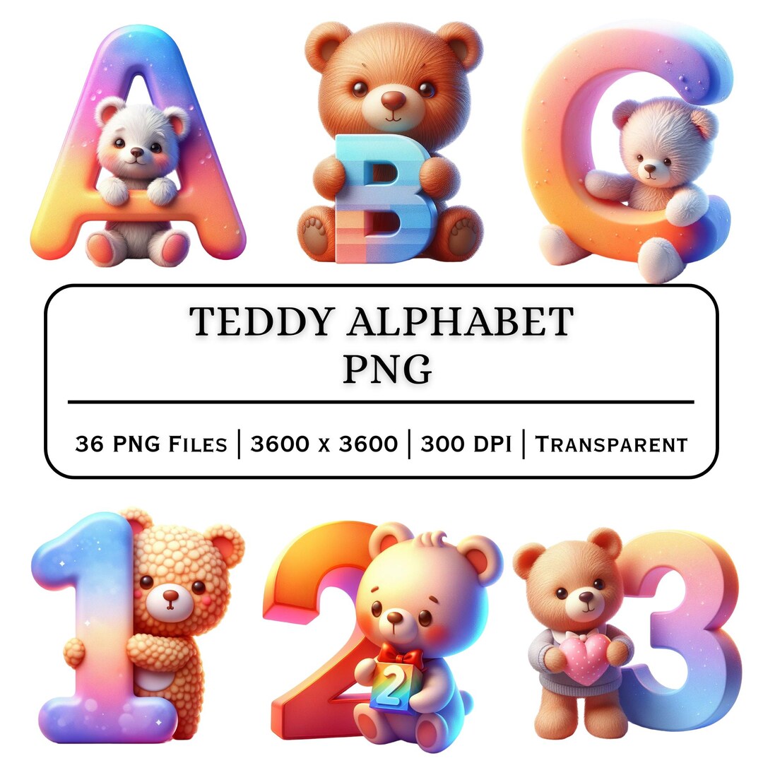 Teddy Bear Alphabet PNG A–Z 0–9 | Rainbow Letters Digital Download ...