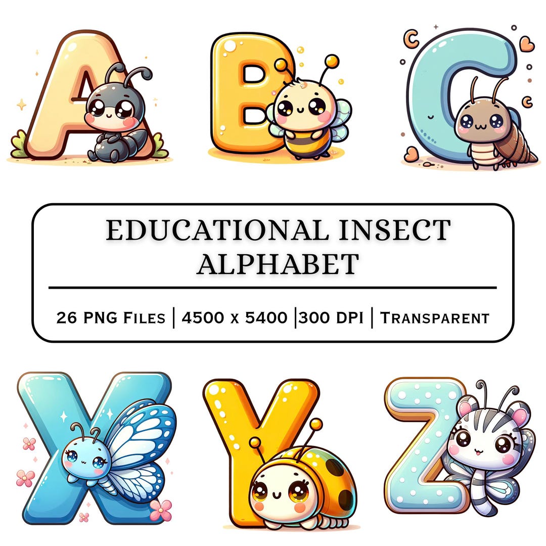 Educational Insect Alphabet PNG A–Z | Bug Letters for Classroom Science ...