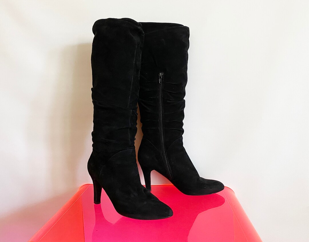 Vintage 90s High Heel Scrunch Boots • Black Suede Leather Sexy Stiletto ...