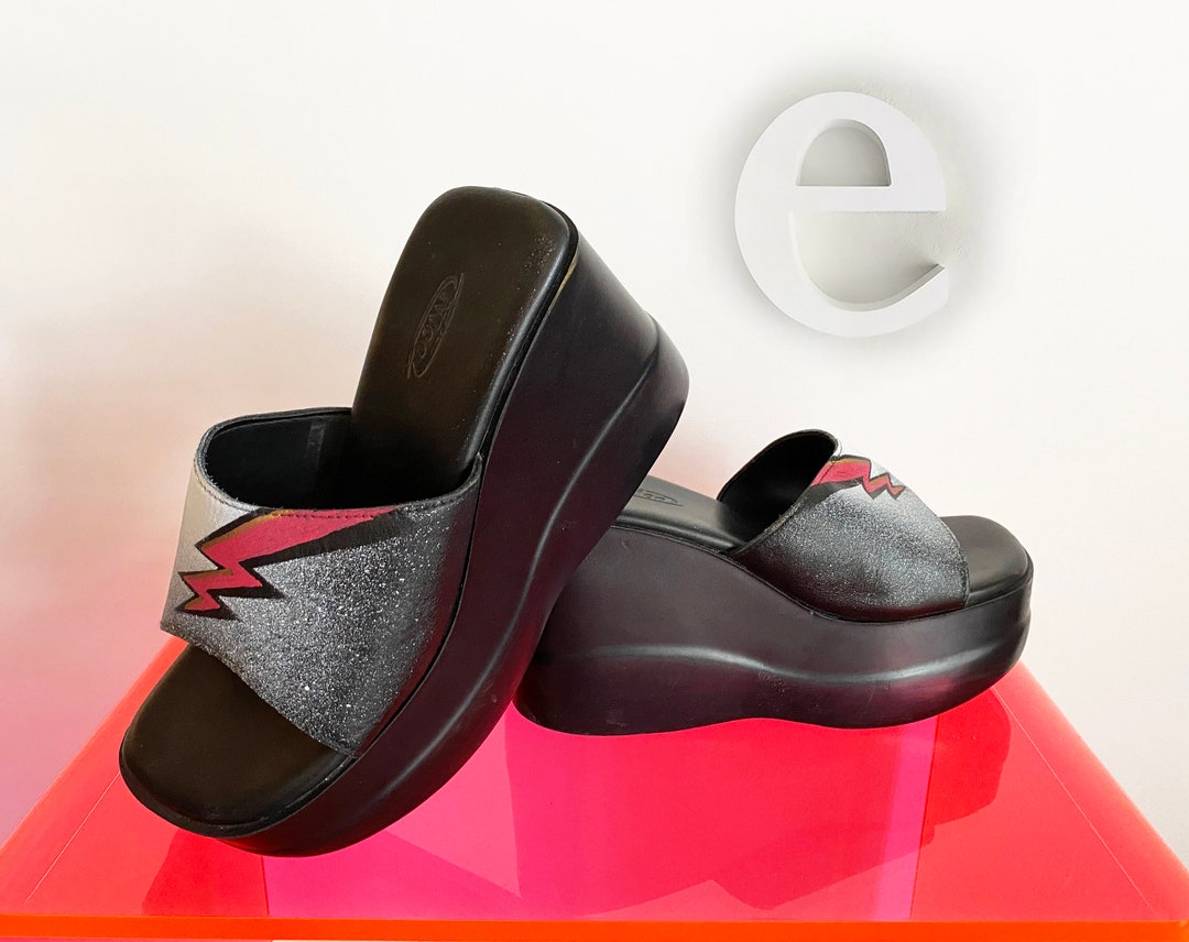 Vintage 90s LIGHTNING BOLT Platform Shoes • Hand Painted Chunky Slides ...