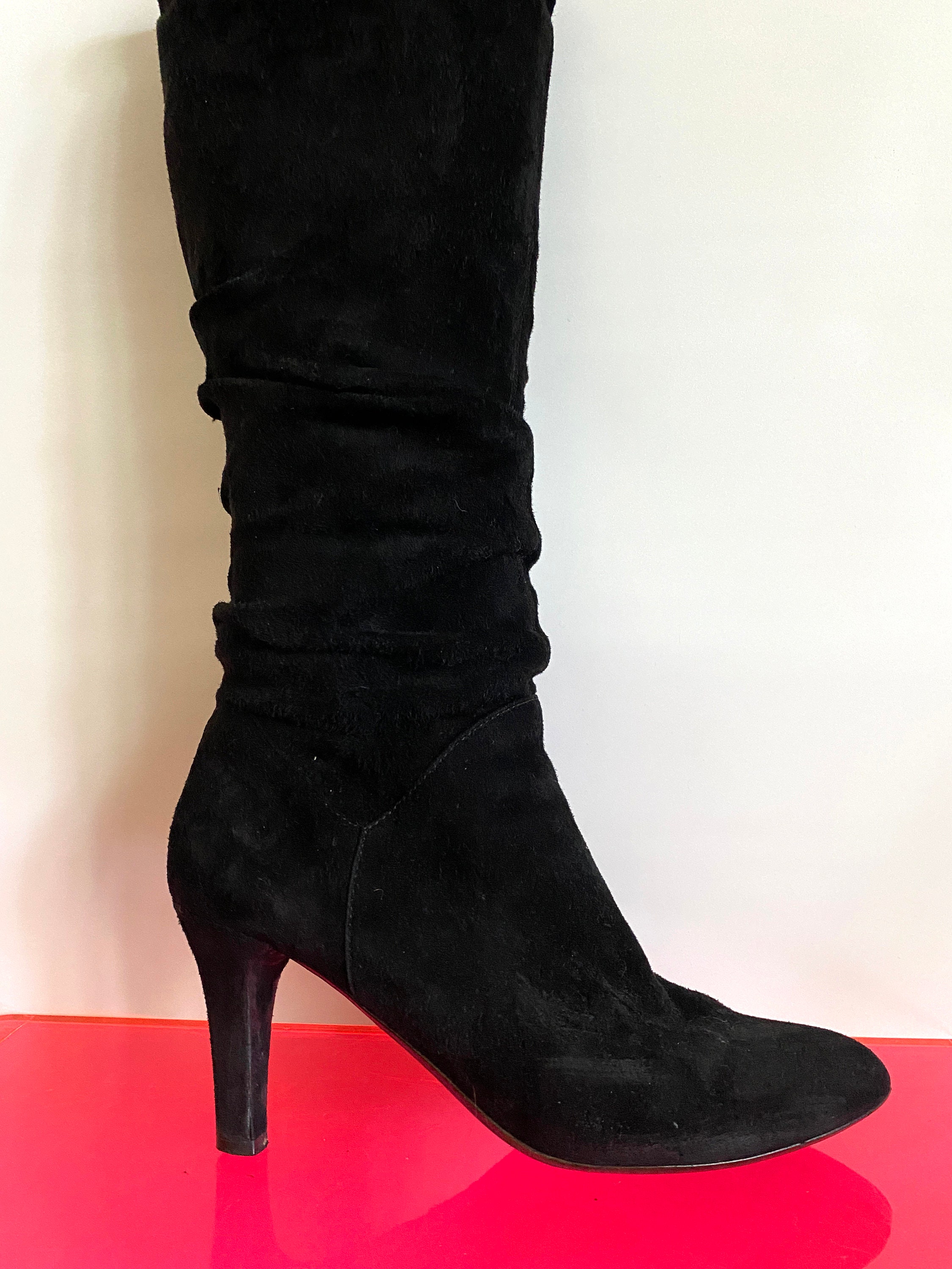 Vintage 90s High Heel Scrunch Boots • Black Suede Leather Sexy Stiletto ...