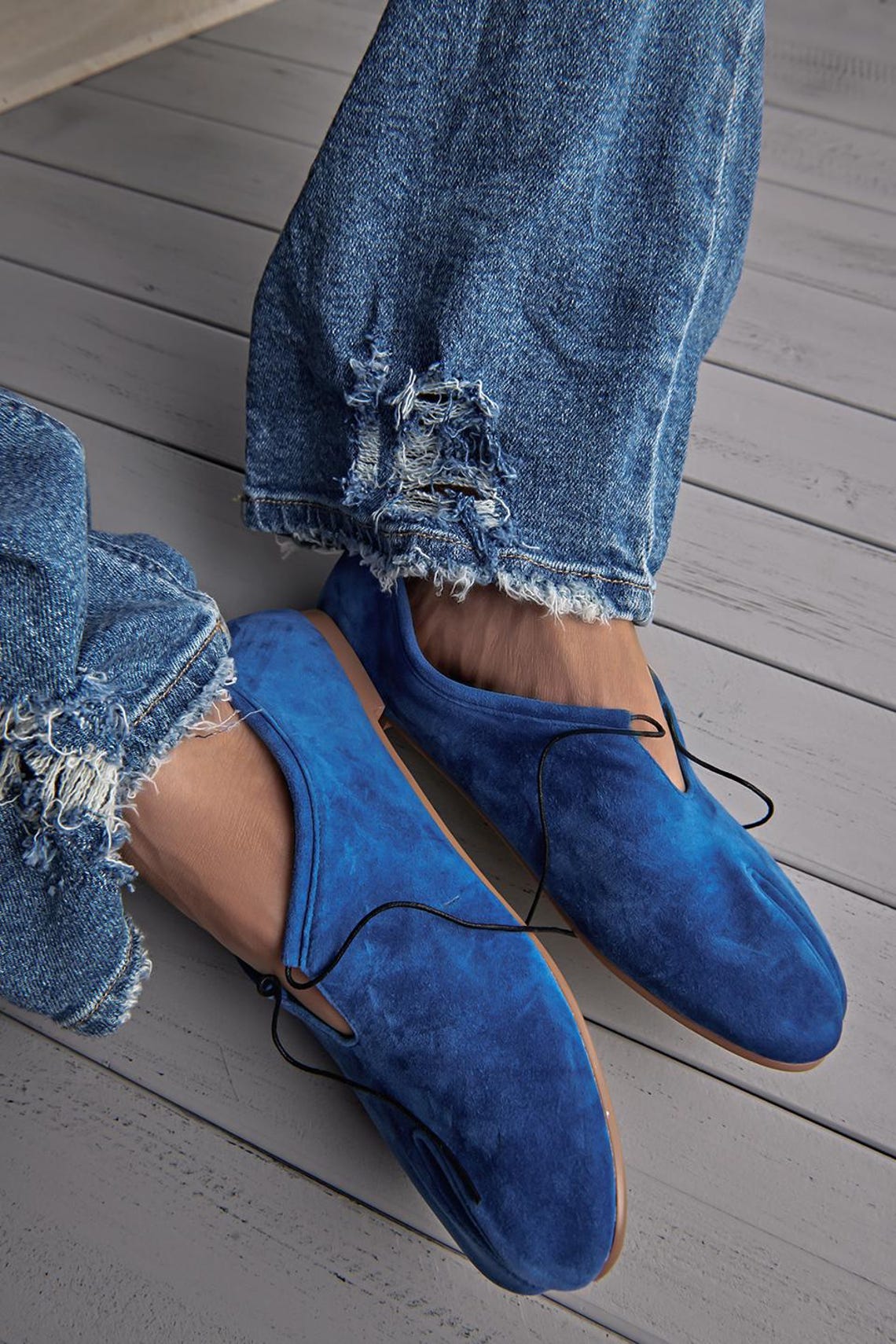 Handmade Cobalt Blue Suede Split-toe Flats – Tabi Lace-up Shoes - Etsy