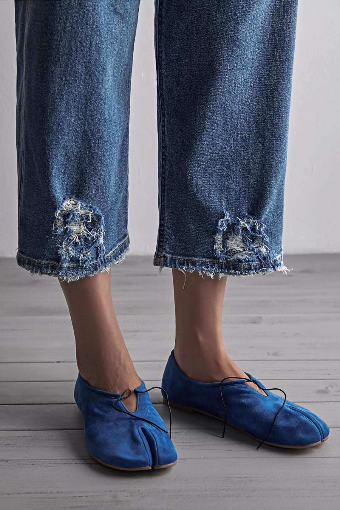 Handmade Cobalt Blue Suede Split-toe Flats – Tabi Lace-up Shoes - Etsy