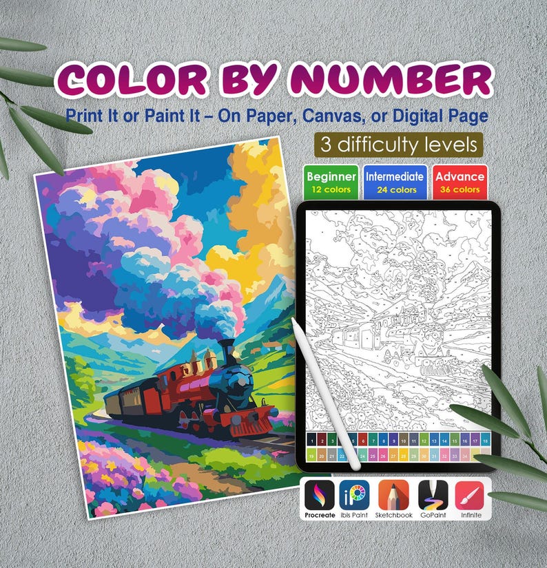 Train Color by Number Printable | Nature Paint by Numbers Digital ...