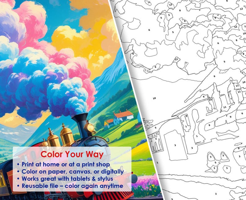 Train Color by Number Printable | Nature Paint by Numbers Digital ...