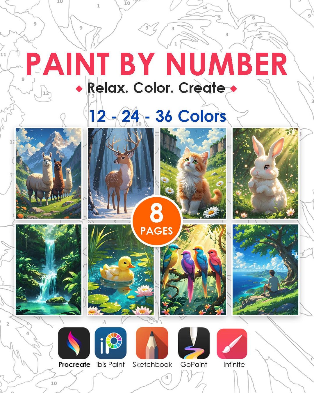 Paint by Number Printable, Relaxing Art Activity, 3 Difficulty Levels ...