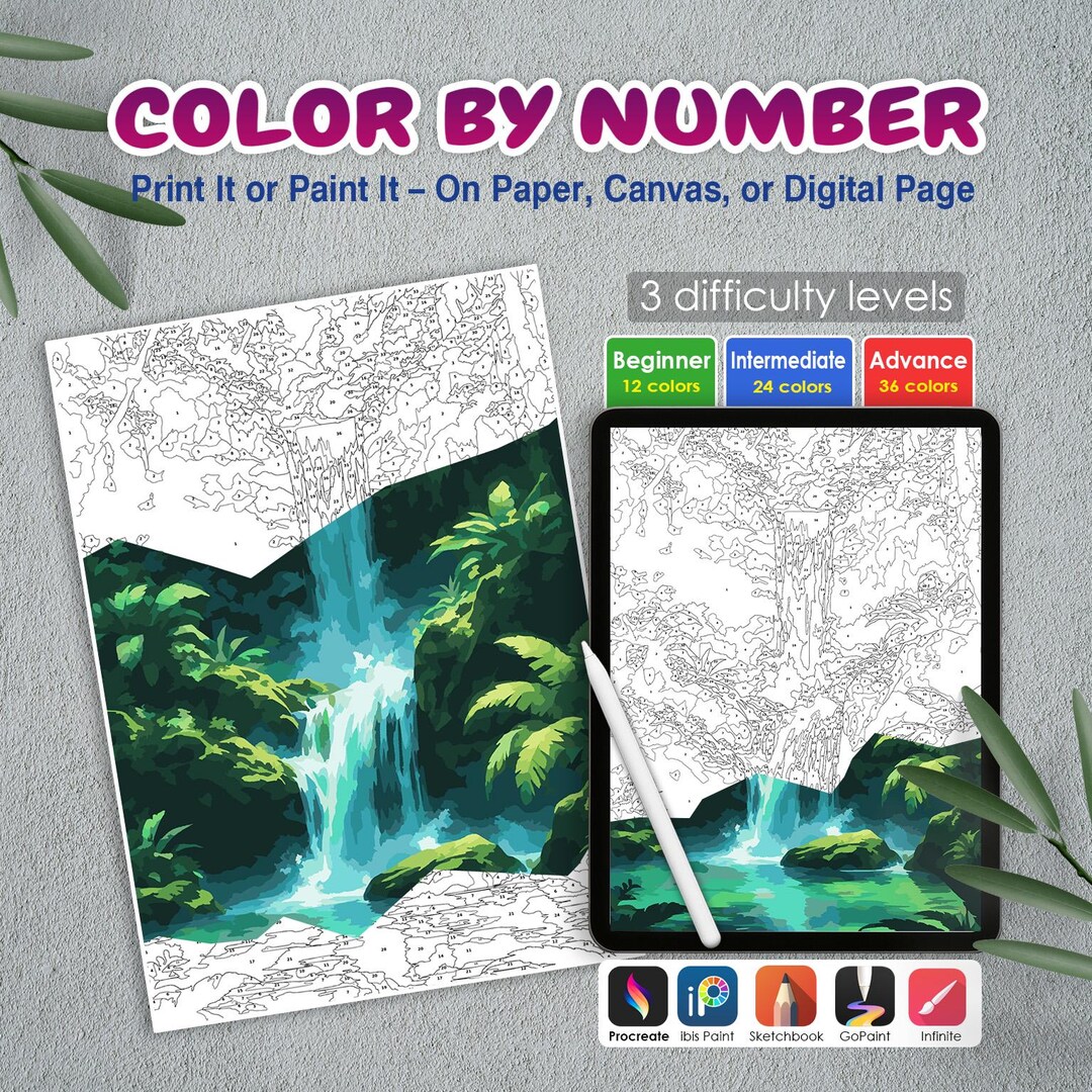 Waterfall Color by Number Printable | Nature Paint by Numbers Digital ...