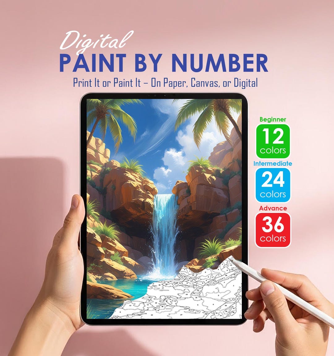 Waterfall Color by Number Printable | Nature Paint by Numbers Digital ...