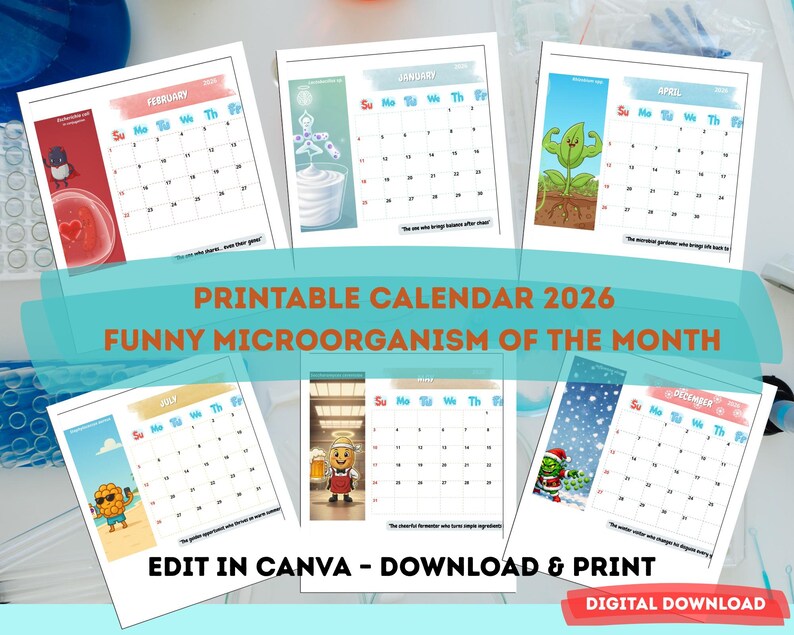 Calendar 2026 Digital | Editable Canva Template | Microbiology Gifts ...