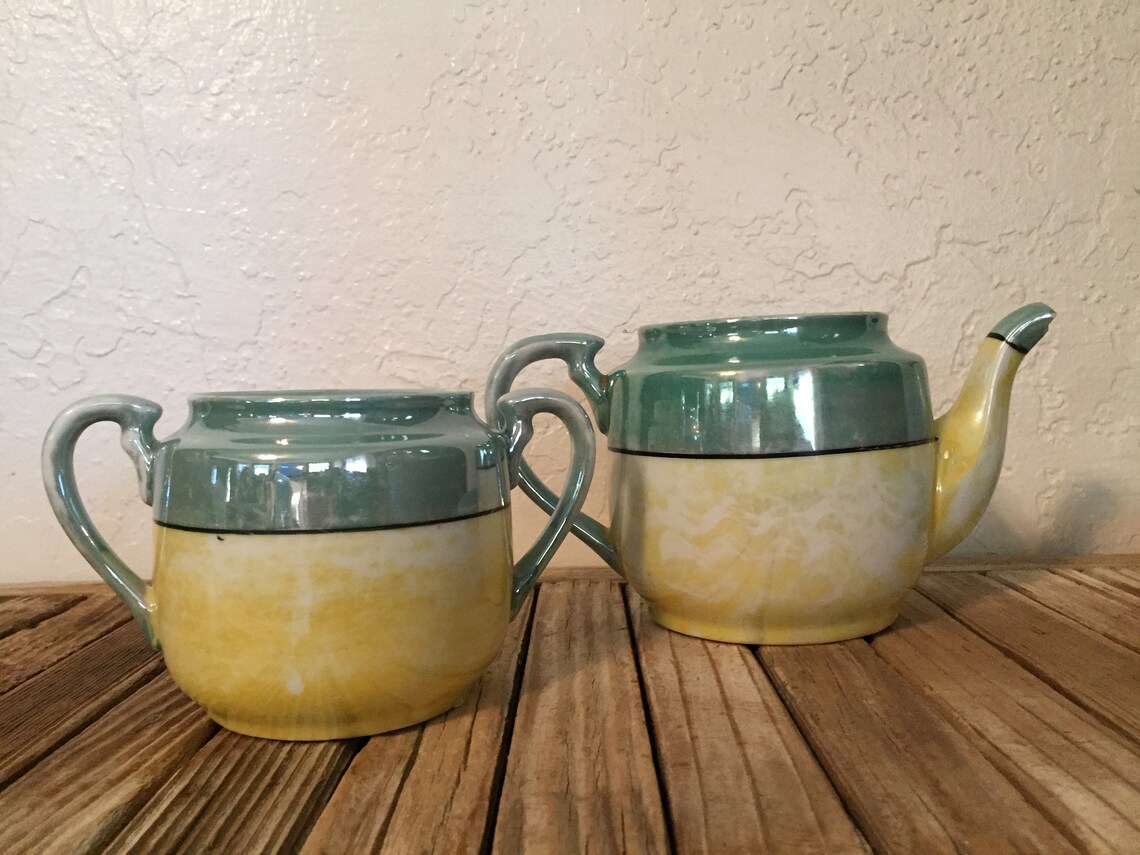 Set of Collectible Hand Painted Blue and Yellow Luster Ware Teapot ...