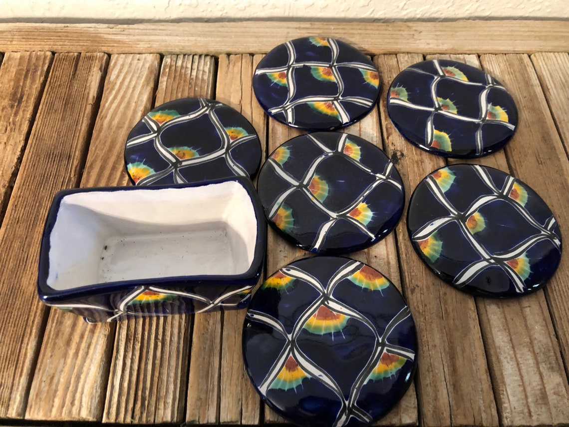 Vintage Navy Blue Terra Cotta Coaster Set 6 Coasters and Stand | Etsy