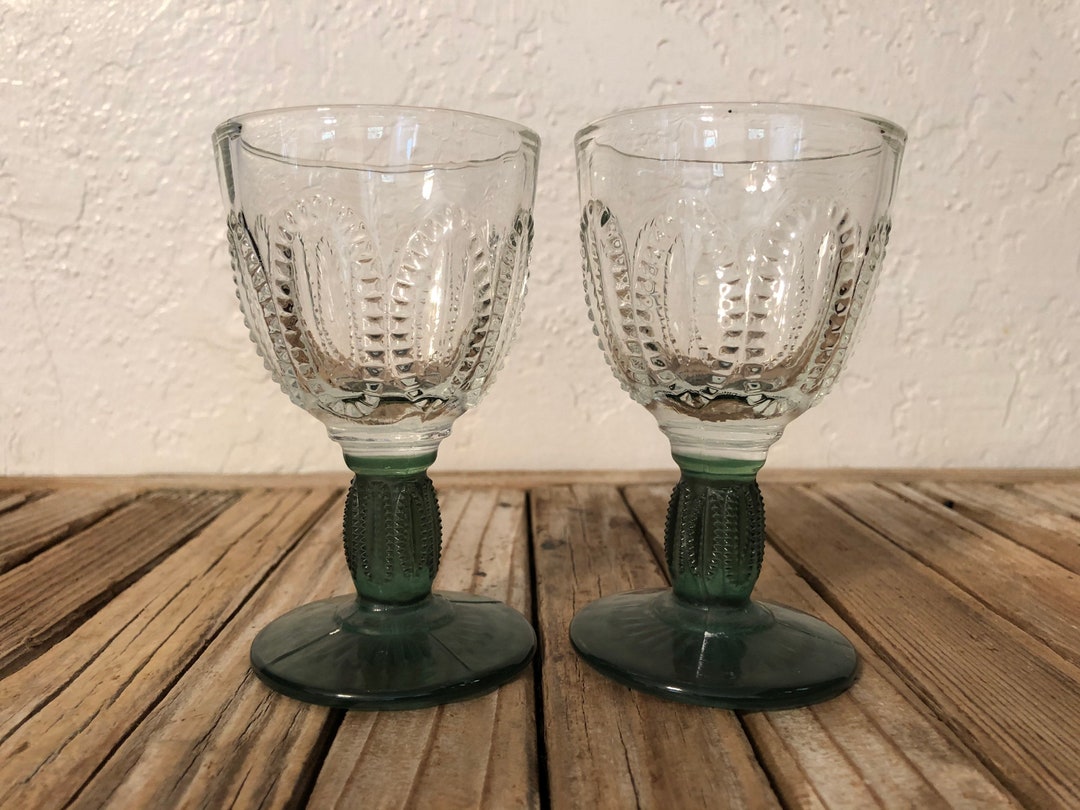 Vintage Green Pressed Glass Goblets Etsy
