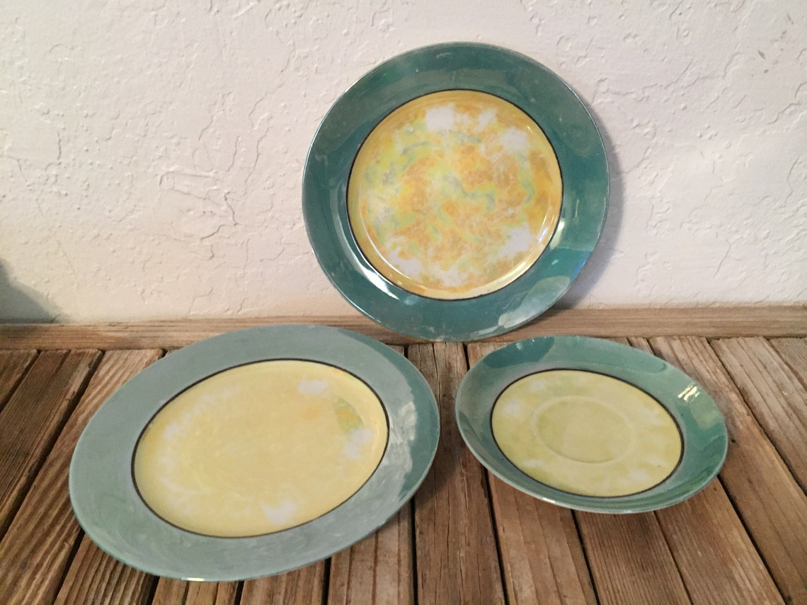 Set of Collectible Hand Painted Blue and Yellow Luster Ware Teapot ...