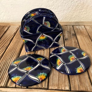 Vintage Navy Blue Terra Cotta Coaster Set 6 Coasters and Stand | Etsy