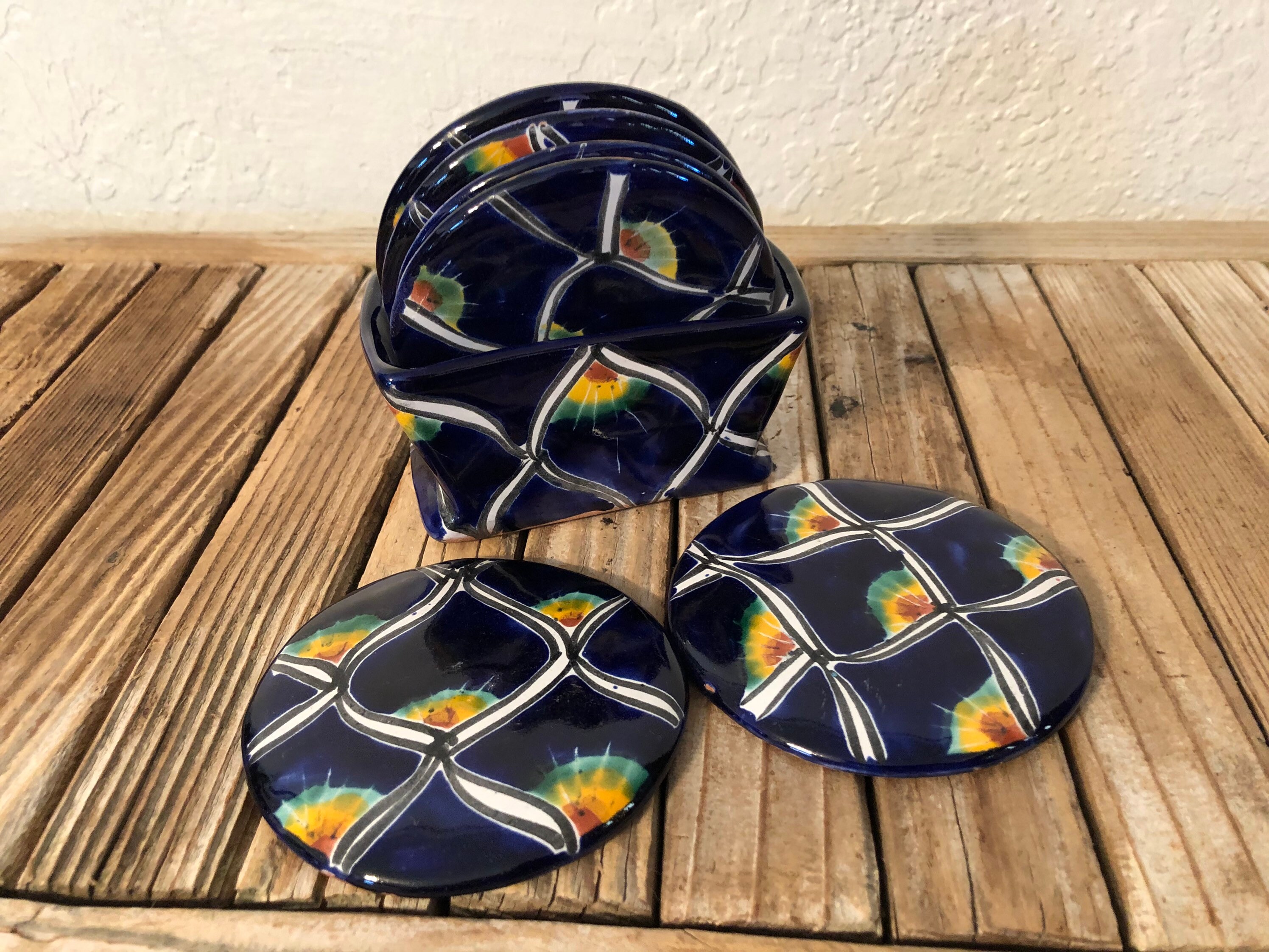 Vintage Navy Blue Terra Cotta Coaster Set 6 Coasters and Stand | Etsy