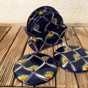 Vintage Navy Blue Terra Cotta Coaster Set 6 Coasters and Stand | Etsy