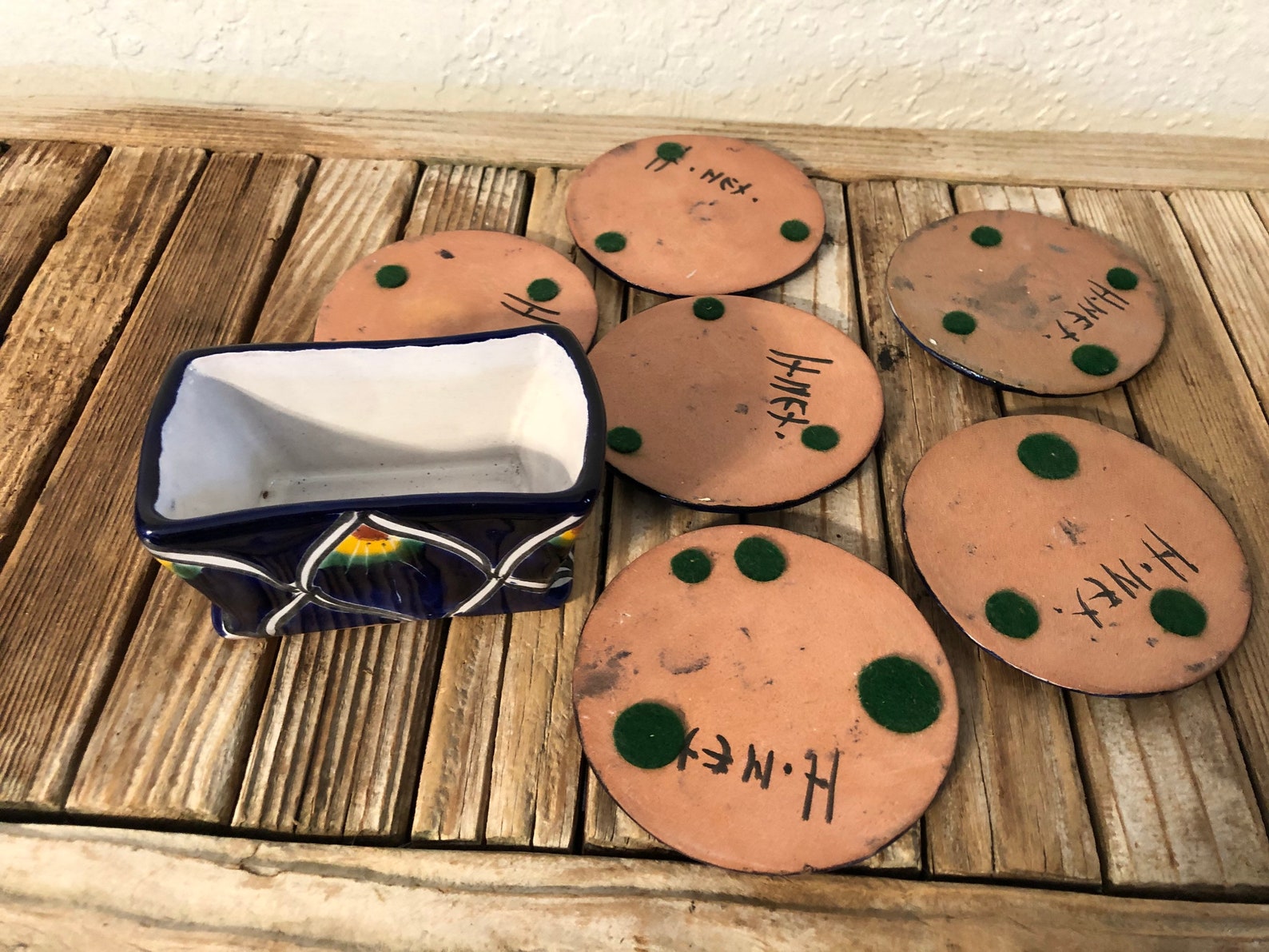 Vintage Navy Blue Terra Cotta Coaster Set 6 Coasters and Stand | Etsy