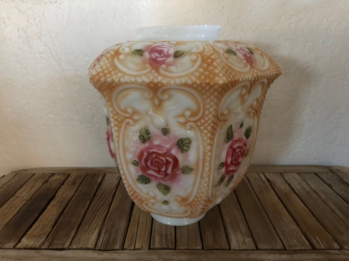 Vintage Large Embossed Pink Rose White Opaline Glass Pendant - Etsy