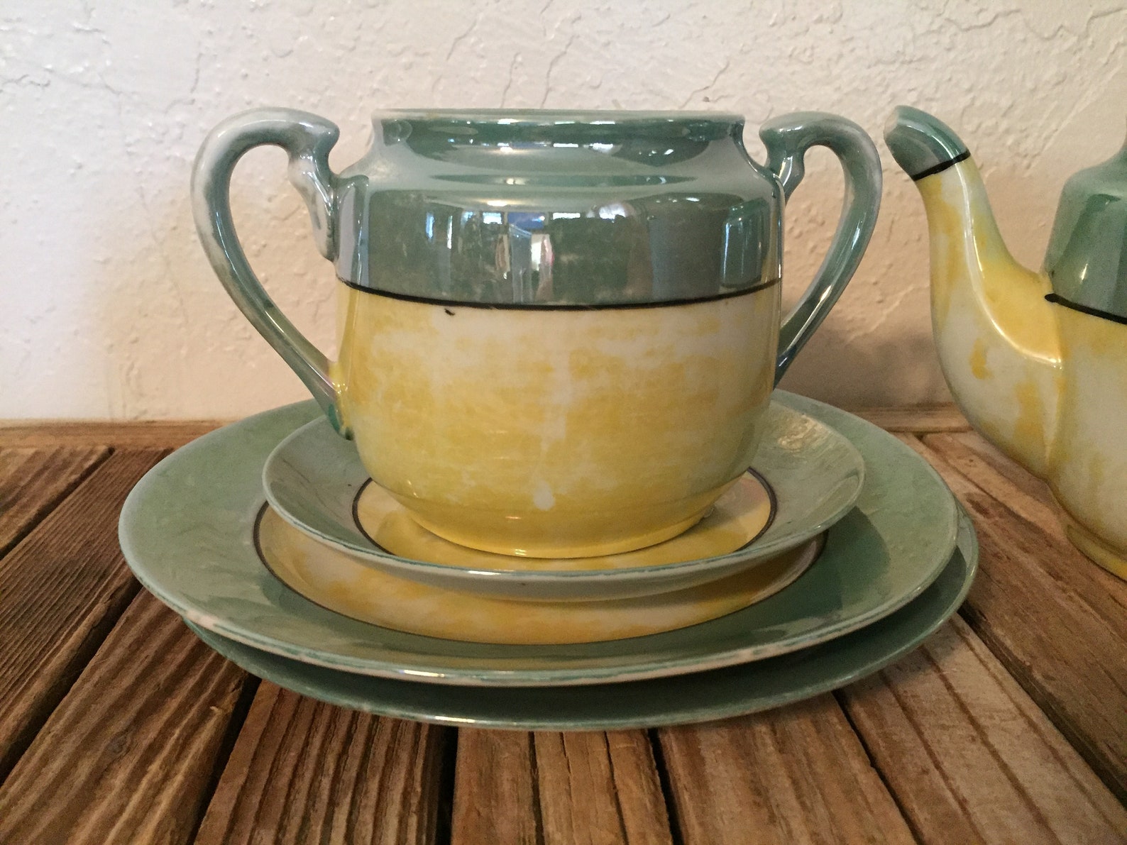 Set of Collectible Hand Painted Blue and Yellow Luster Ware Teapot ...