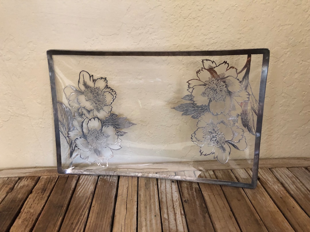 Vintage Large Glass and Silver Inlay Floral Tray - Etsy