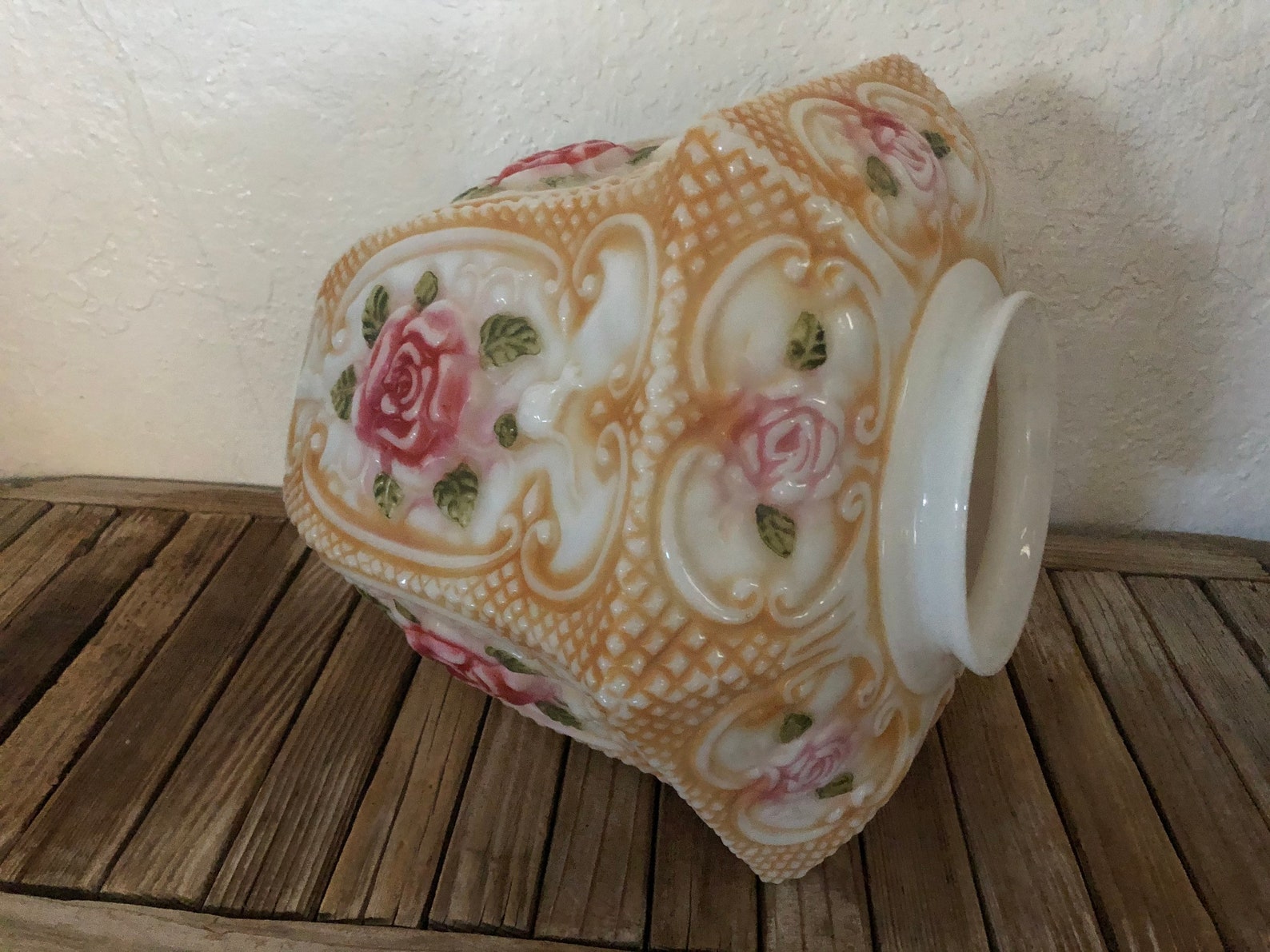 Vintage Large Embossed Pink Rose White Opaline Glass Pendant - Etsy