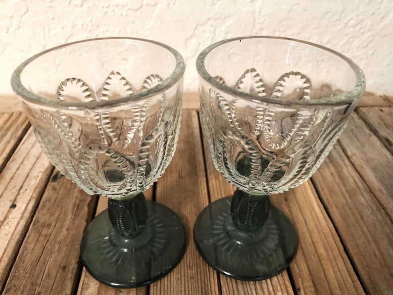 Vintage Green Pressed Glass Goblets Etsy