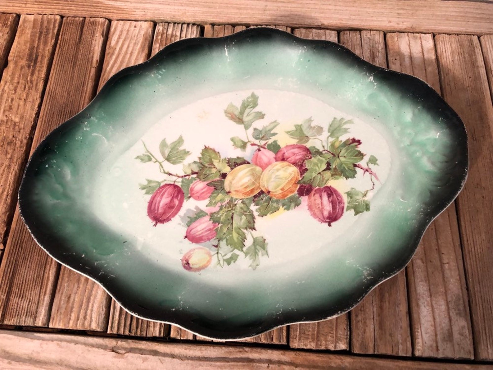 Antique Handpainted Green Fruit China Platter | Etsy
