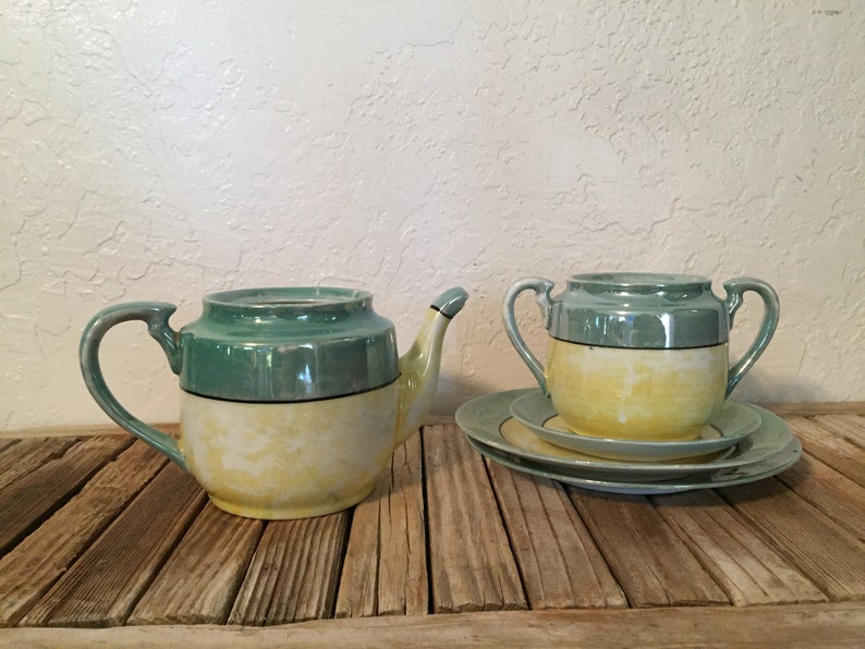 Set of Collectible Hand Painted Blue and Yellow Luster Ware Teapot ...