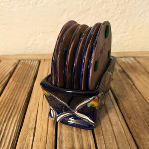 Vintage Navy Blue Terra Cotta Coaster Set 6 Coasters and Stand | Etsy