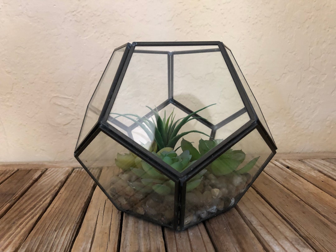 Vintage Charcoal Bronze Metal and Glass Terrarium Faux Succulent ...