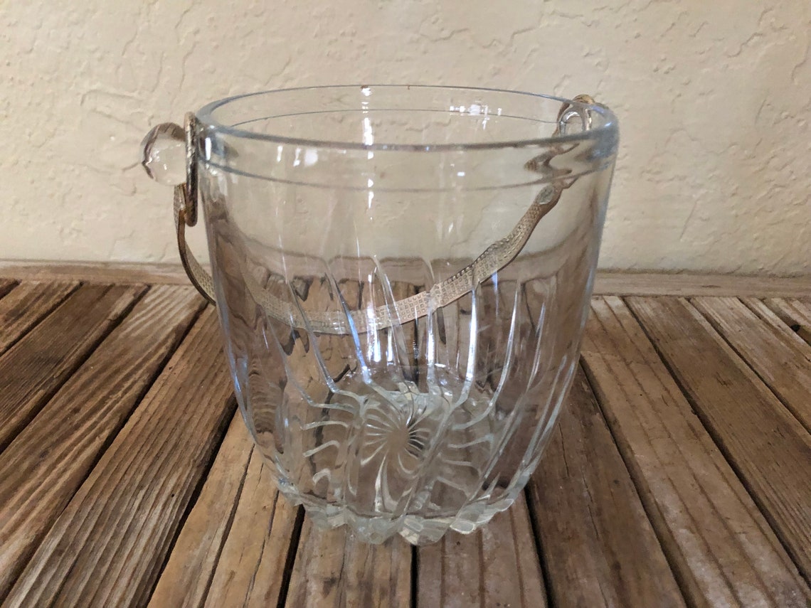 Vintage Glass and Rosey Gold Metal Ice Bucket - Etsy