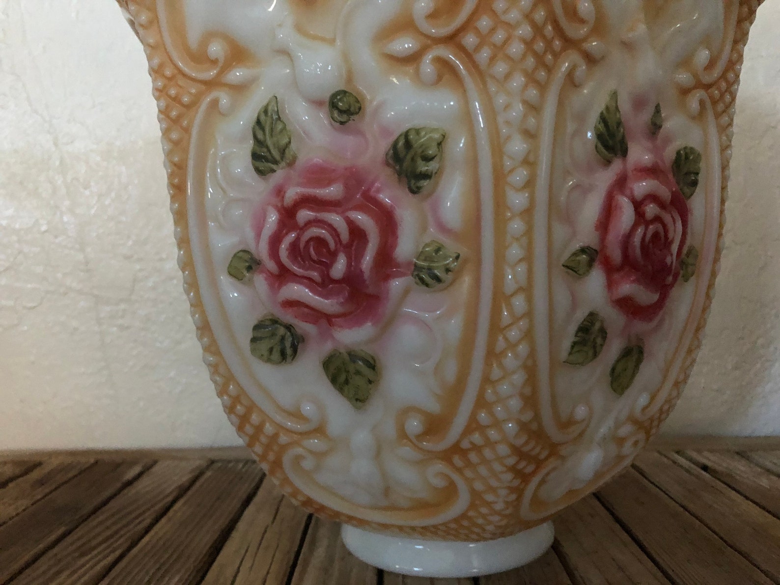 Vintage Large Embossed Pink Rose White Opaline Glass Pendant - Etsy