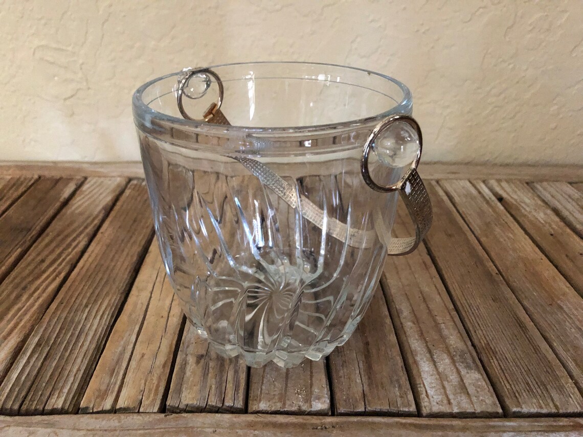 Vintage Glass and Rosey Gold Metal Ice Bucket - Etsy
