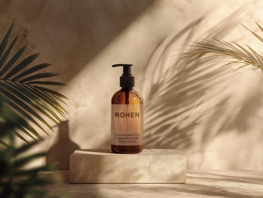 Amber Glass Pump Bottle Mockup | Body Wash Shampoo Dispenser ...
