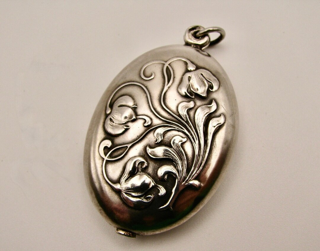 French Mirror Slide Locket Antique Art Nouveau Silver Oval Shape - Etsy